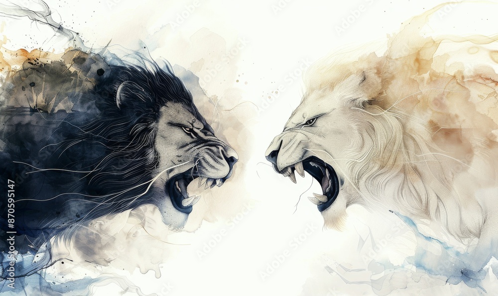 Duality versus concept art. Two lions facing each other in attack roar ...