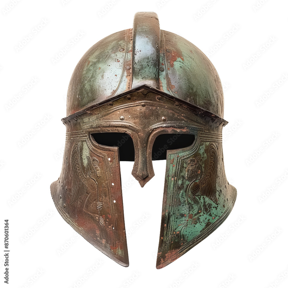 Authentic bronze corinthian helmet with patina isolated on a ...