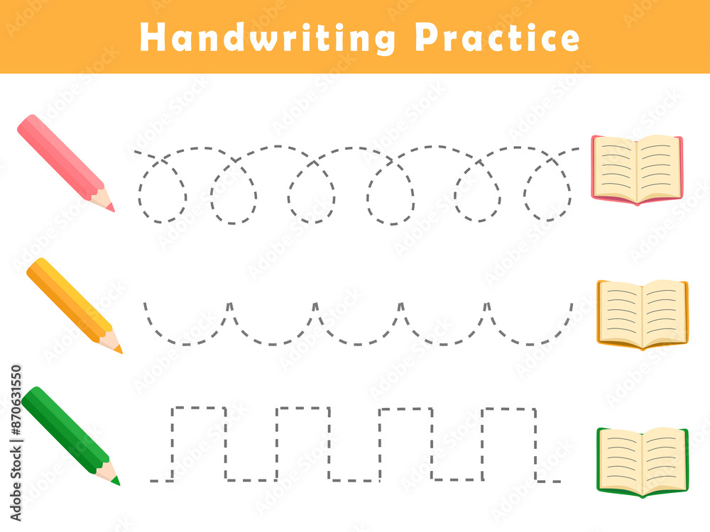 Handwriting practice sheet with cute colored pencil illustration ...