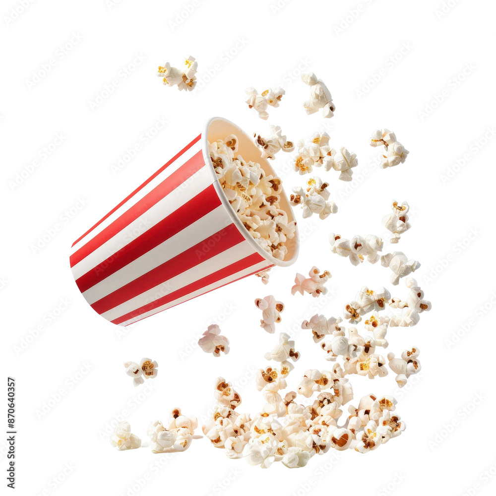 Spilled popcorn from a red and white striped cup, isolated on white ...