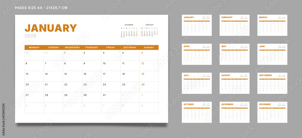Set of 12 Pages Monthly Calendar Planner Templates on 2025 year. Vector ...