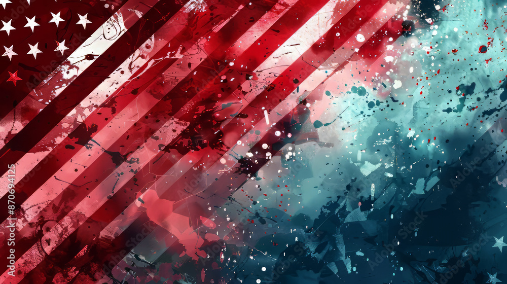 Abstract American flag with splashes of red, white, and blue paint ...