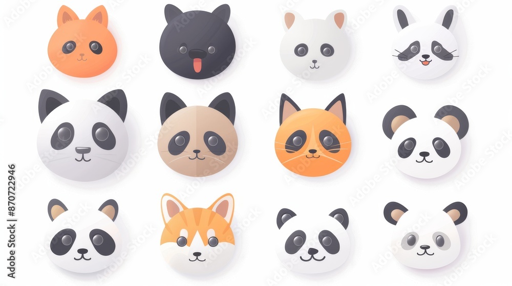 Cute Animal Faces Icons. Cartoon Cats, Dogs, Pandas, and Rabbits Stock ...