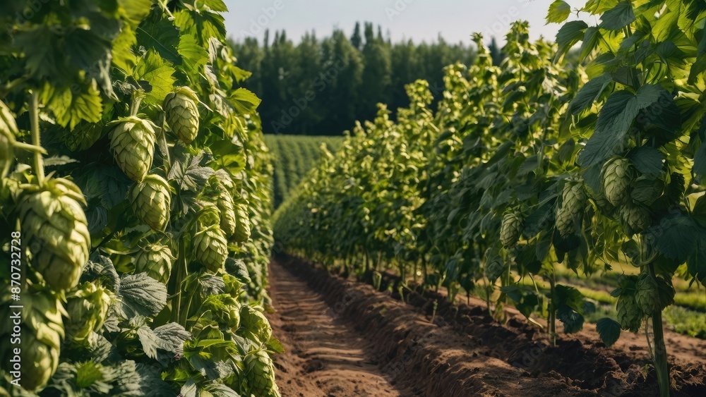 Green hops field. Fully grown hop bines. Hops are main ingredients in ...