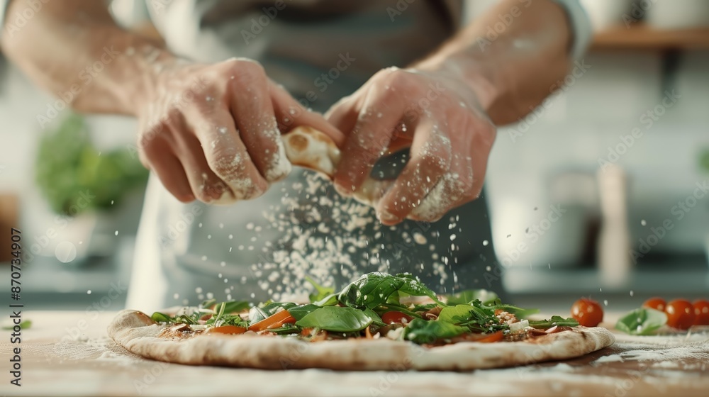Chef creating a gourmet pizza with unique toppings, representing ...