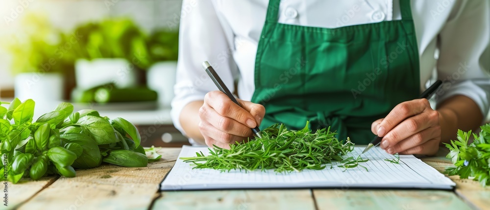 Chef developing a new menu, brainstorming ideas and sketching dishes ...