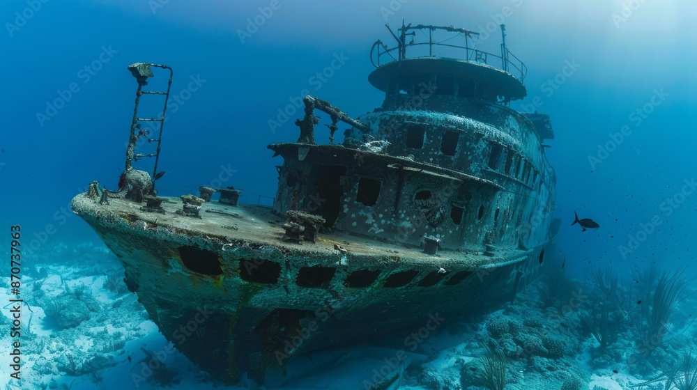 A sunken vessel, the USS Kittiwake, lies on the ocean floor in the ...
