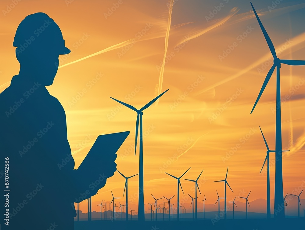 Civil engineer at a renewable energy site, planning wind turbine ...