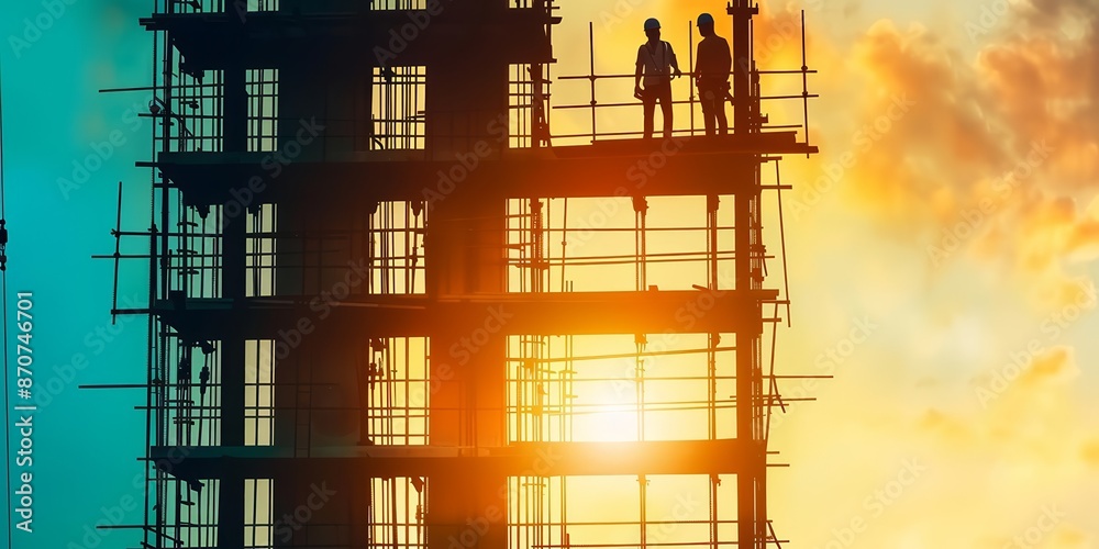 Civil engineer supervising the installation of large steel beams, crane ...