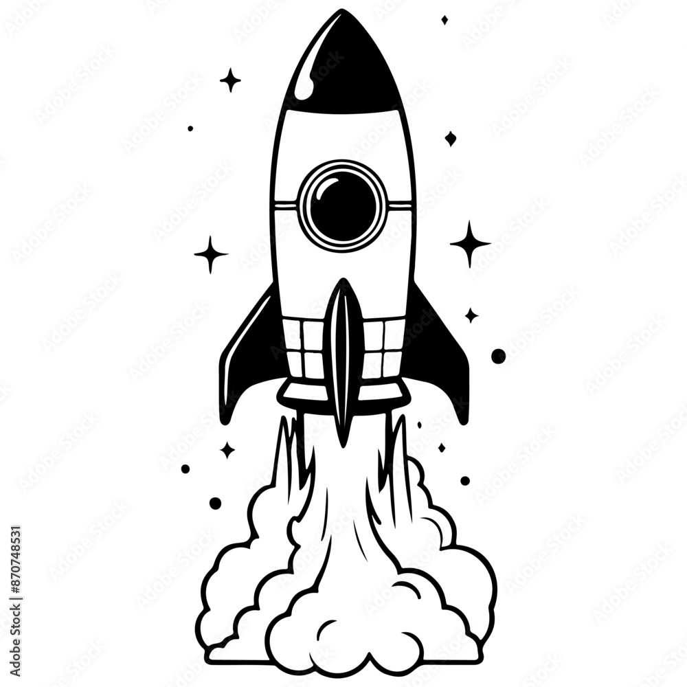 cartoon rocket realistic, ink sketch of black silhouette outline ...