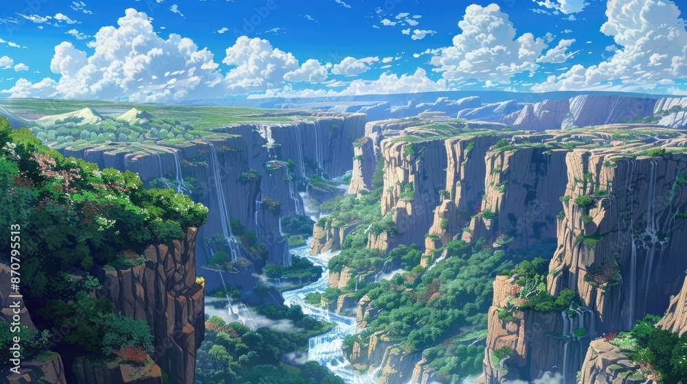 Vibrant anime depiction of a deep canyon with winding rivers and lush ...