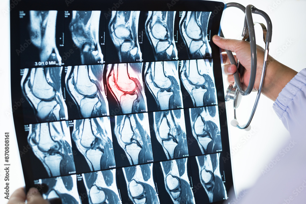 Doctor hand point patient bone x-ray film before surgery.Image MRI and ...