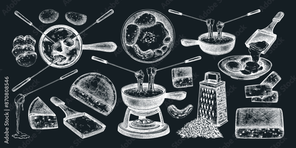 Cheese fondue sketches set. Hand-drawn food illustrations on chalkboard ...