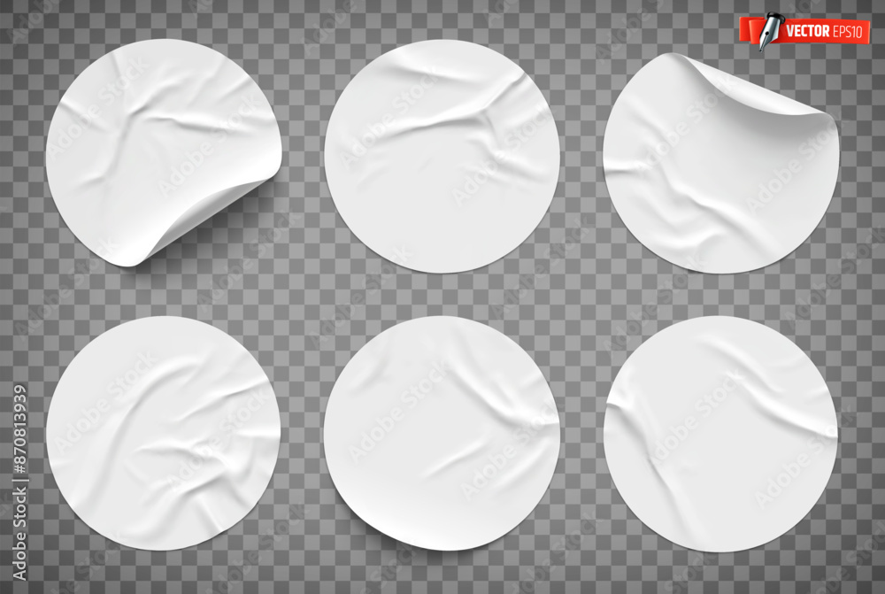 Vector realistic illustration of white round stickers on a transparent ...