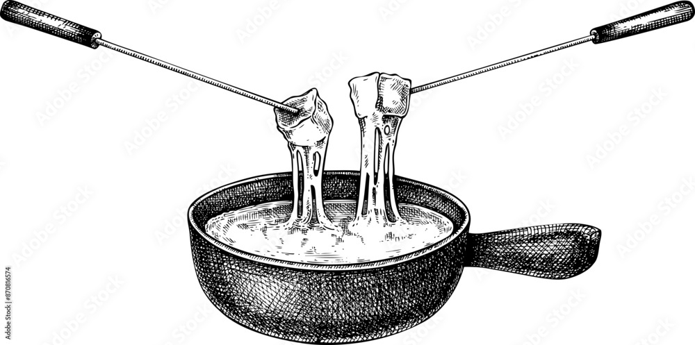 Cheese fondue sketch. Hand-drawn food icon. Melted cheese in pot vector ...