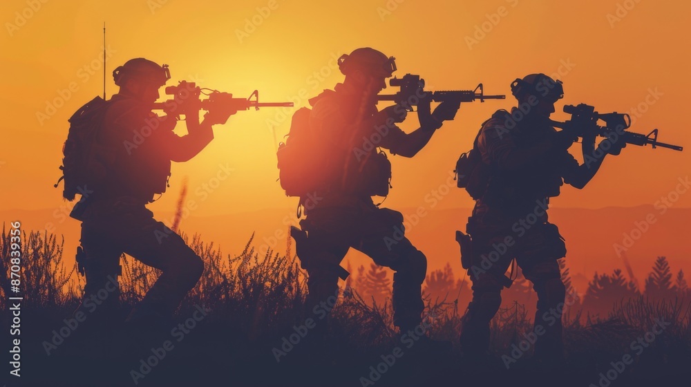 Team special forces. soldier assault rifle with silencer.Silhouette ...