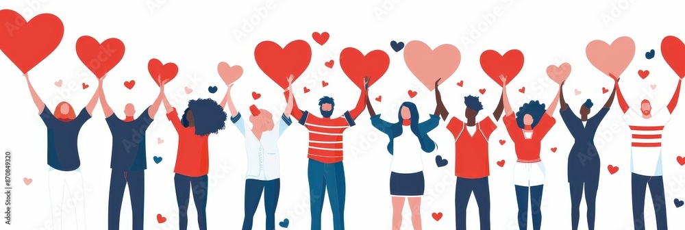 Group of people raising various-sized heart symbols proudly. - A ...