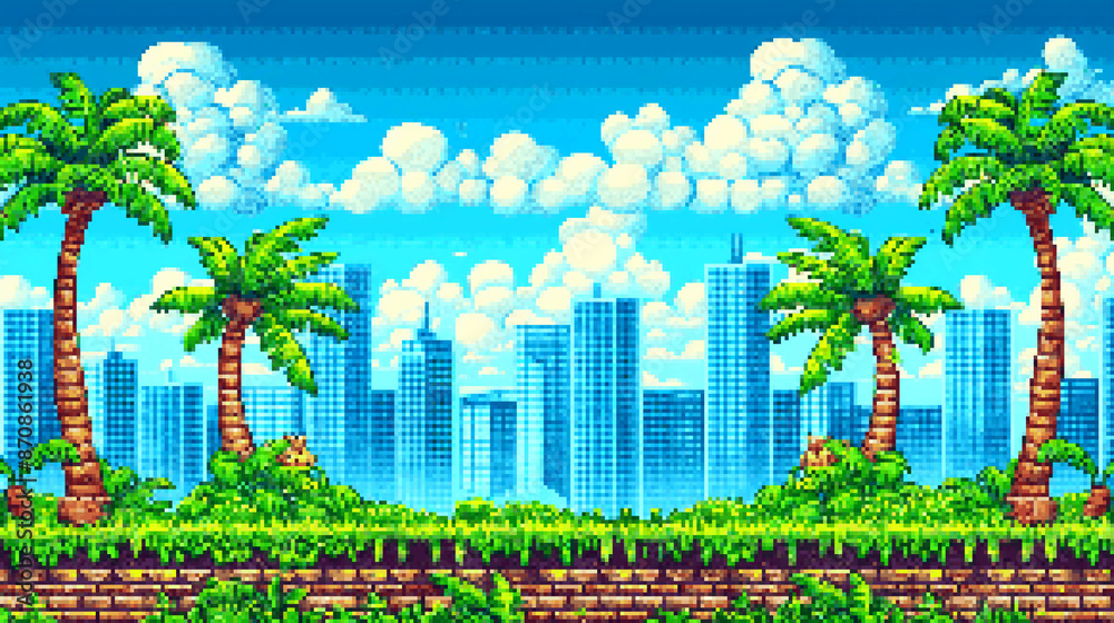 8-bit pixel art game level map side scroller of city with palm trees ...