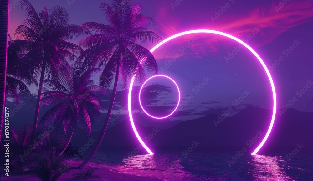 The 3D vaporwave render background features neon circles, palm trees ...