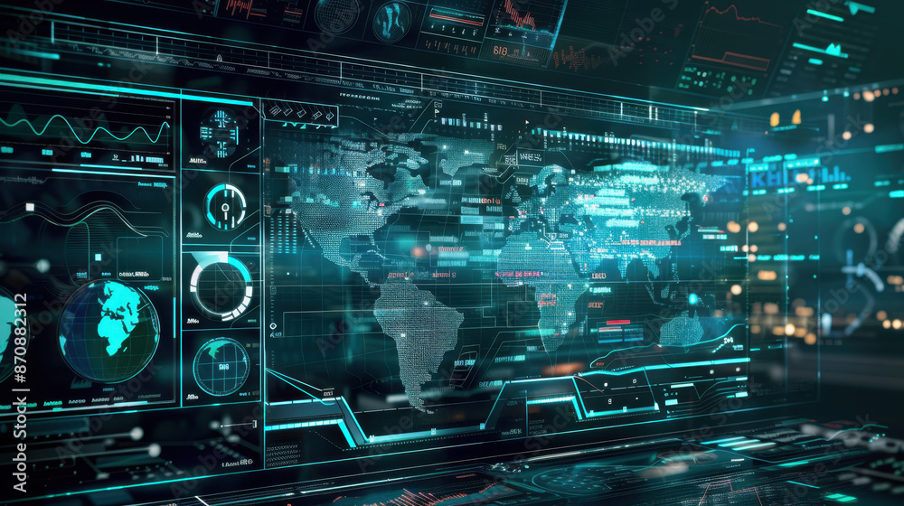 Futuristic digital world map on a high-tech interface screen with data analytics and global ...