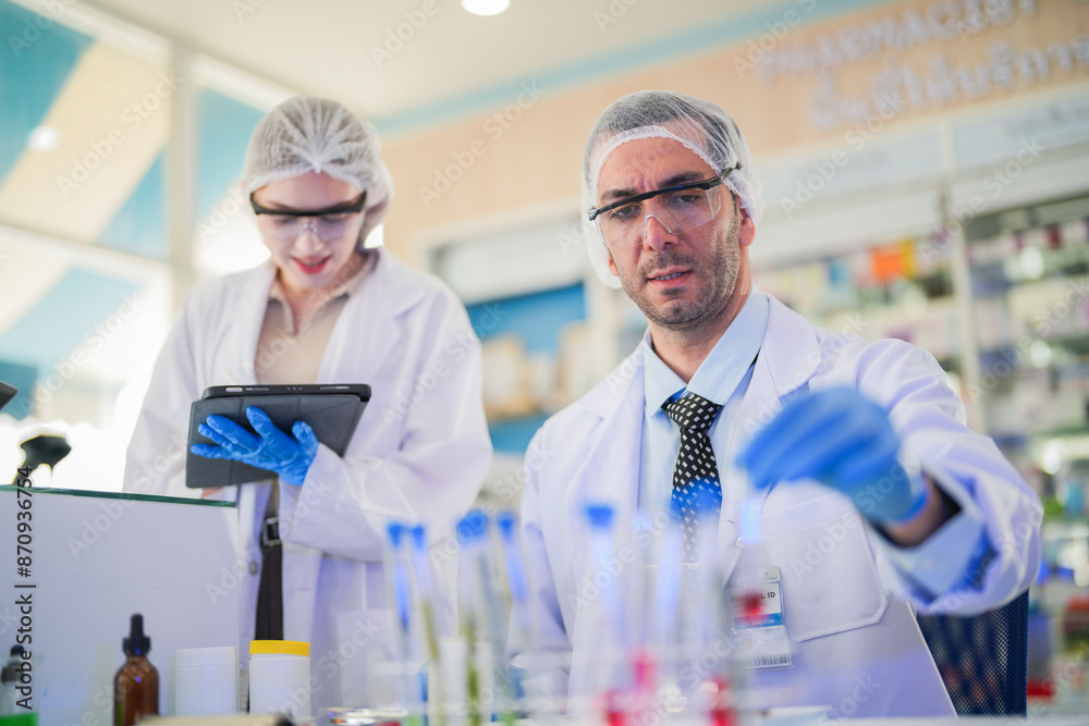 scientist doctors wear lab coat. Chemicals serums and antibiotics are ...