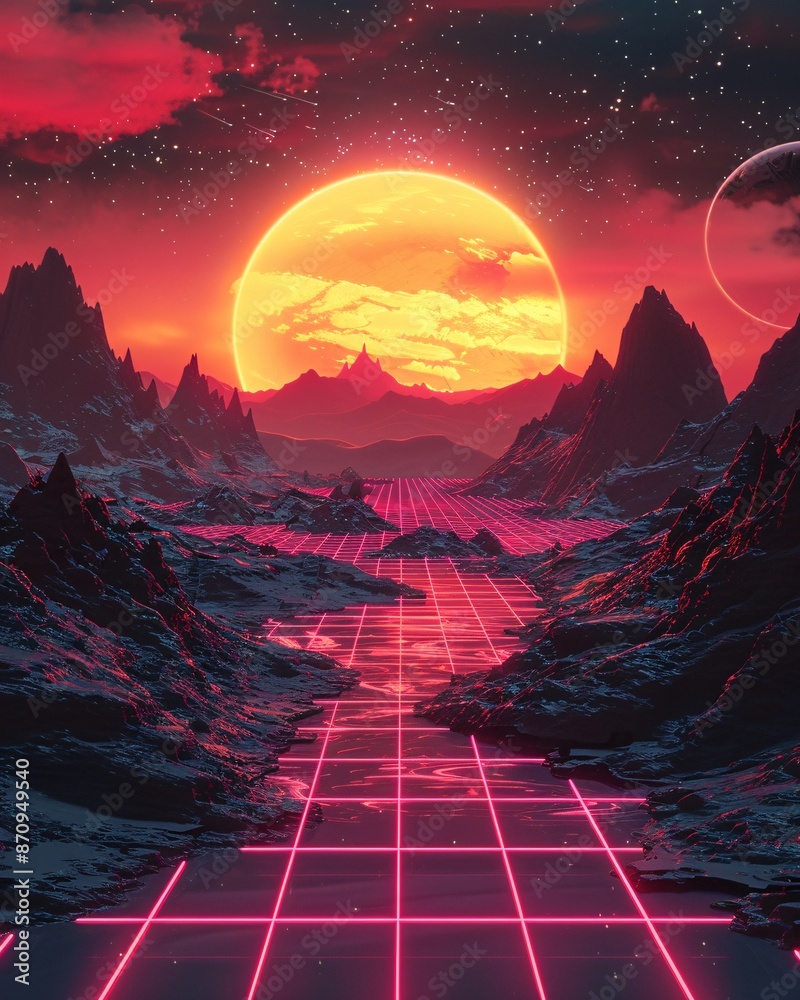 Foto de Stock 80’s grid 3d retro cyberpunk style landscape background ...