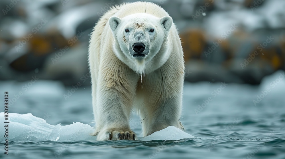 Realistic photo of a polar bear on a shrinking ice floe, starkly ...