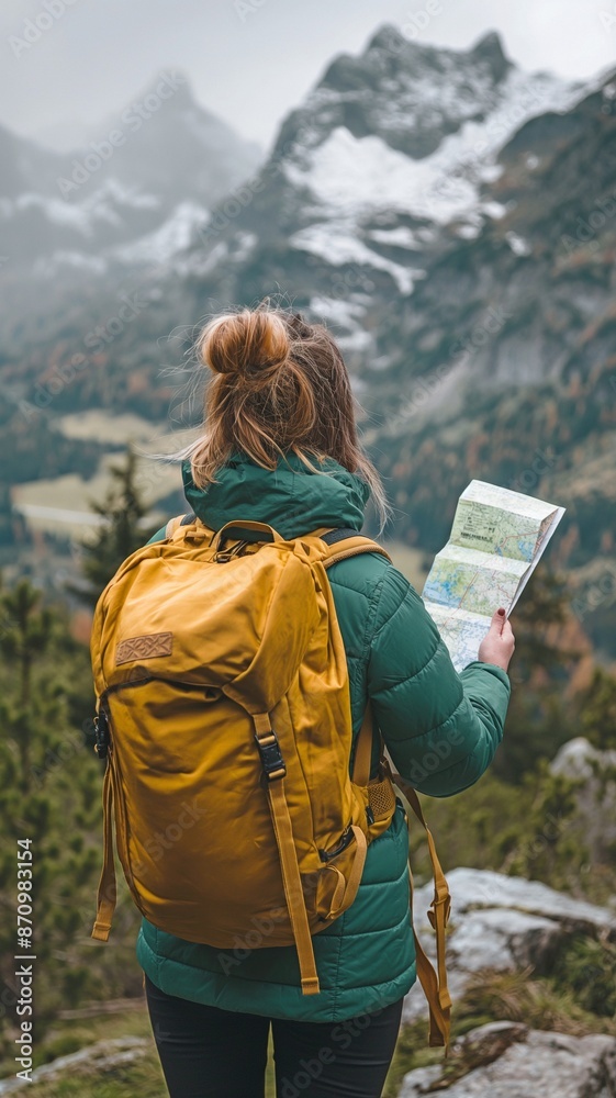 In adventure, a woman is hiking and checking GPS maps for her location ...
