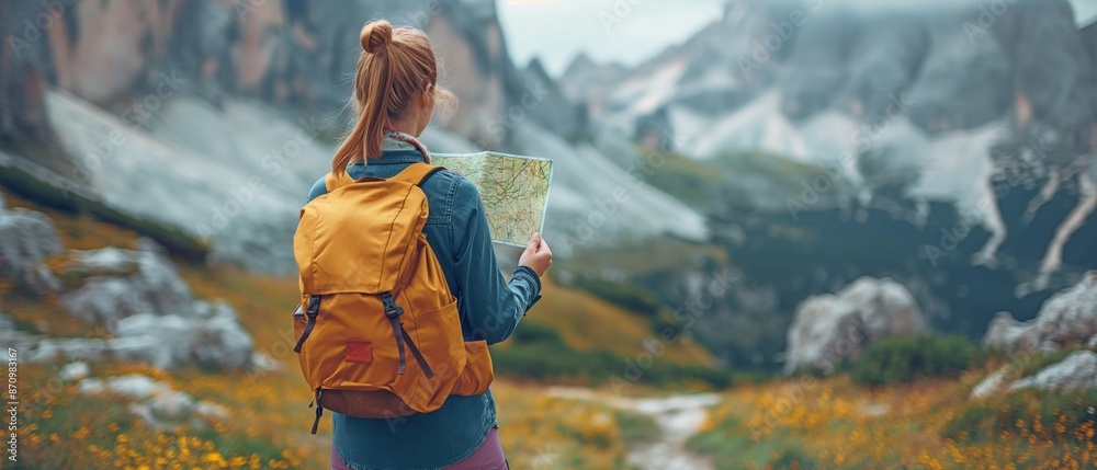 In adventure, a woman is hiking and checking GPS maps for her location ...
