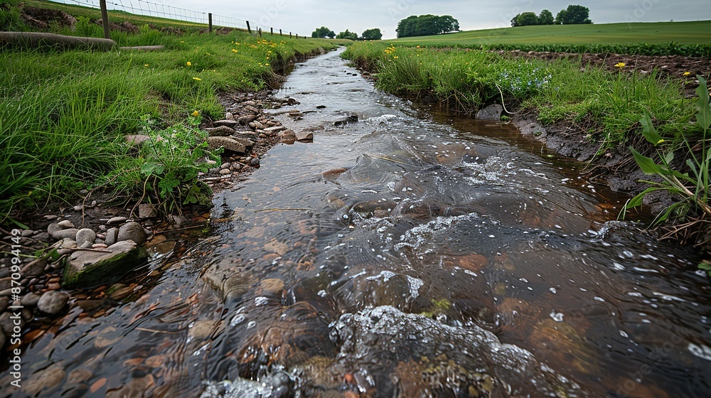 Realistic photo of water pollution in an agricultural area, with ...