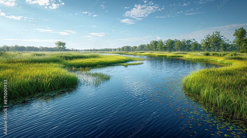 A realistic photo of a wetland ecosystem, rich in biodiversity ...