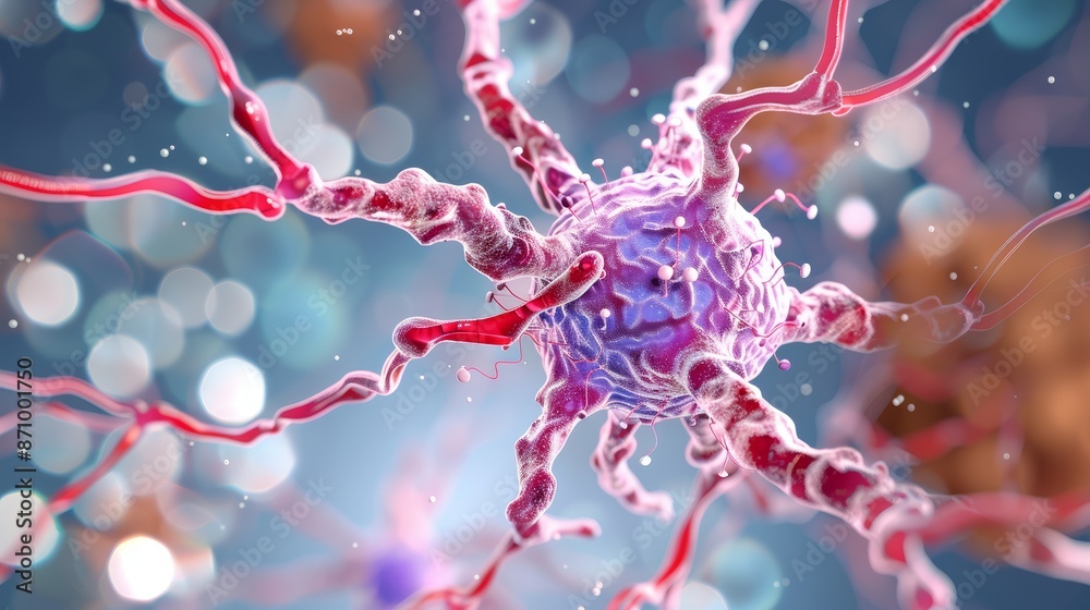 Medical illustration showing amyloid plaques in a neuron's structure, detailed depiction of ...