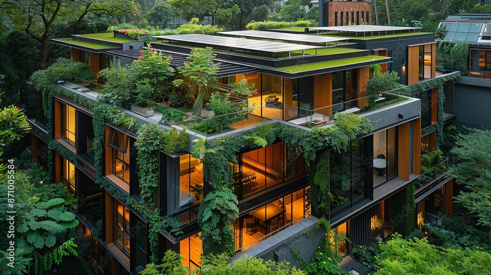 Realistic Photo of Green Building: Depict a modern green building with ...
