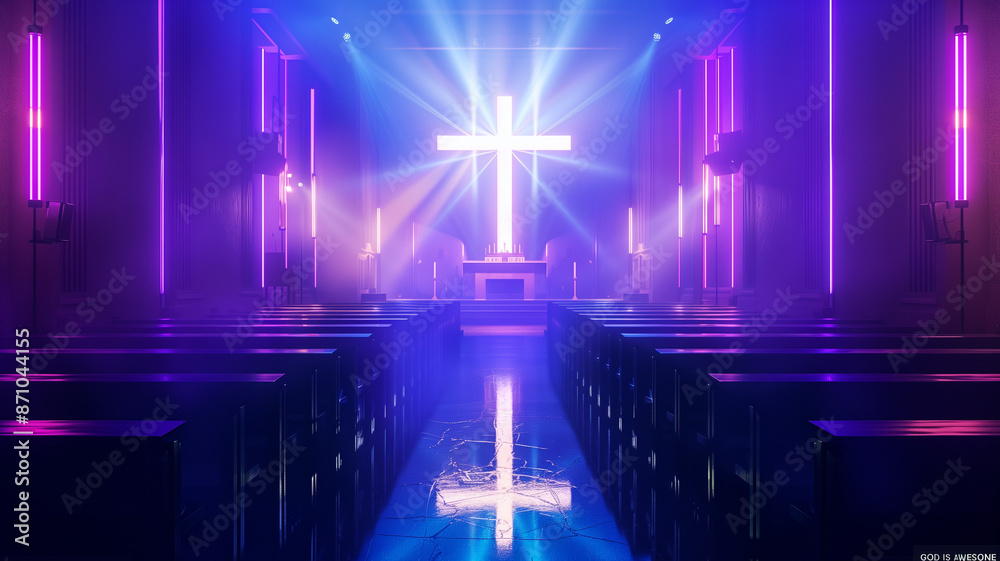 The inside of a colorfully lit modern church with a bright crucifix on ...