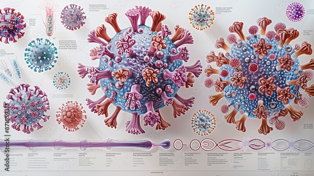Diagram explaining the structural components and replication cycle of ...