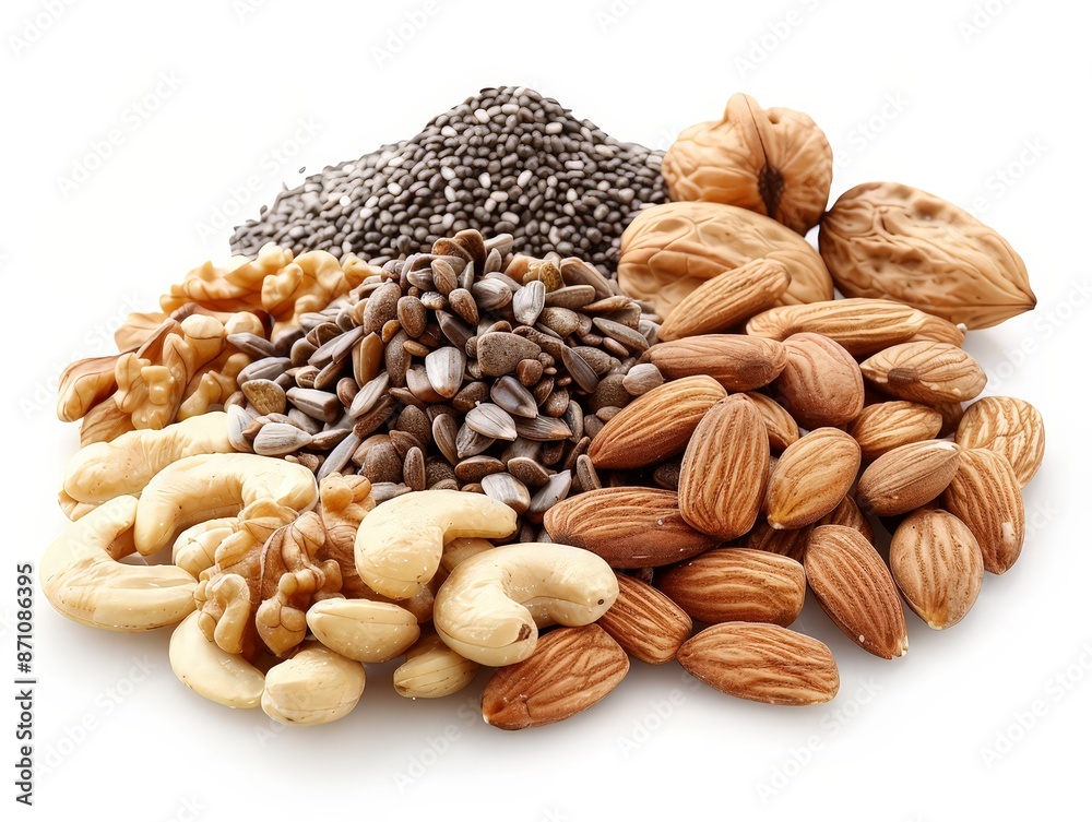 variety of raw nuts and seeds, including almonds, walnuts, sunflower ...