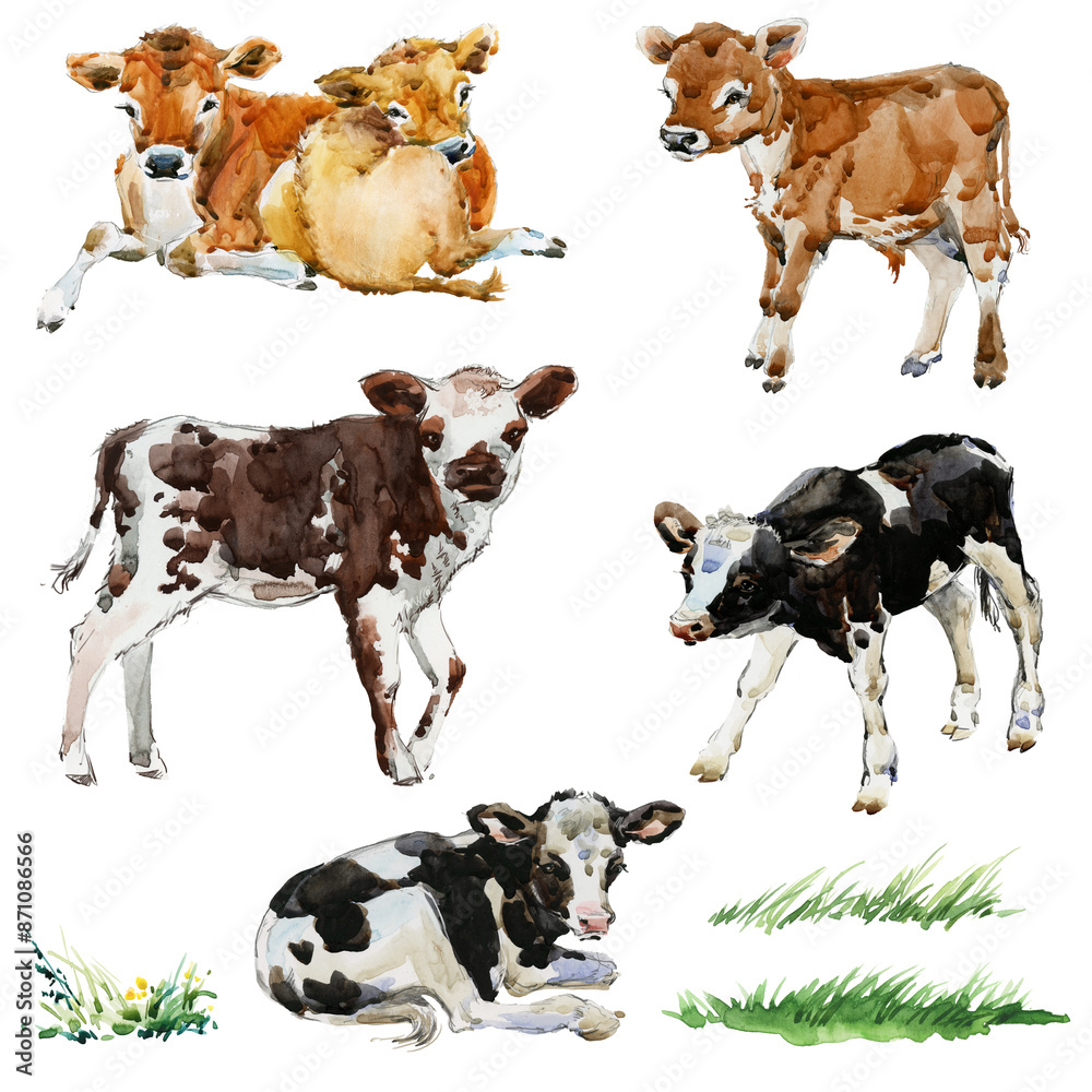 Watercolor painting set of a calf isolated on white background ...