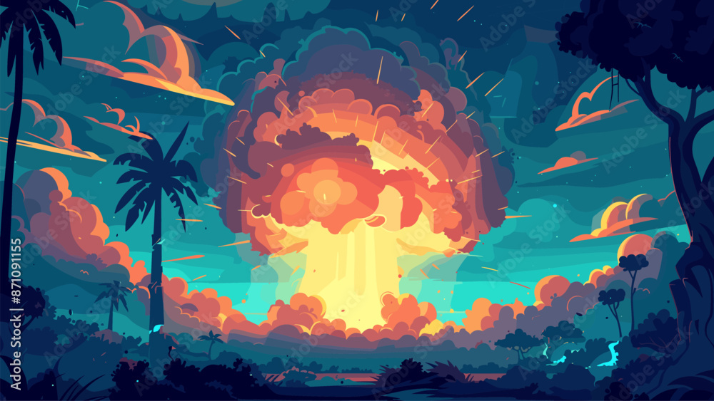 Nuclear Explosion Tropical Island Cartoon Game Background Apocalypse ...