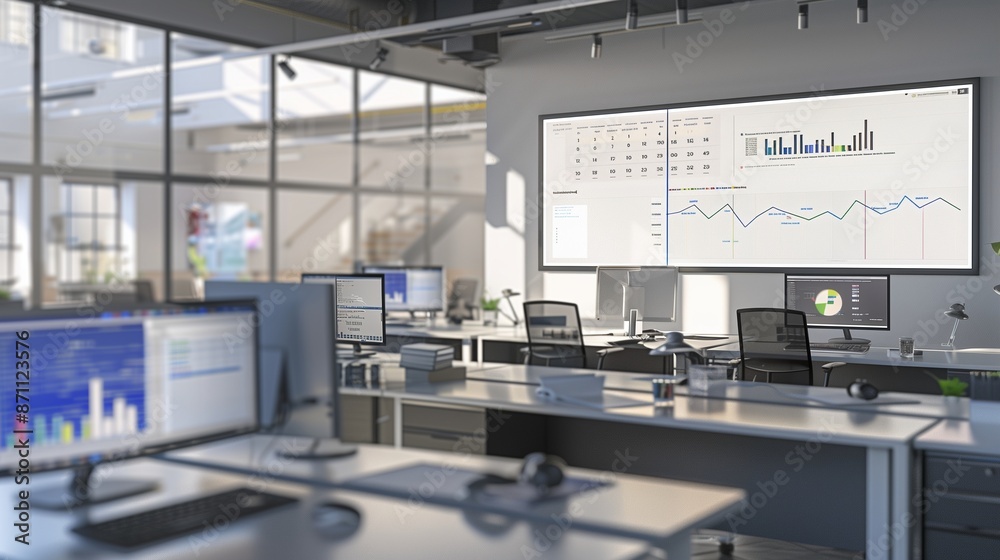 Modern office space with an open floor plan, clusters of desks with dual monitors, keyboards ...