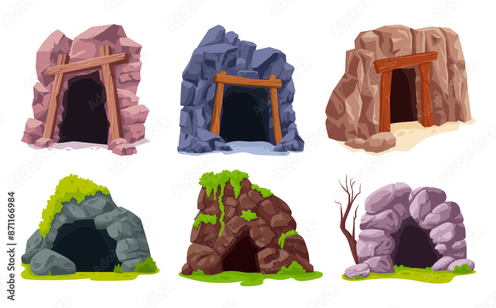 Cartoon cave entrances. Caves or gold mines in stone mountain, hole ...