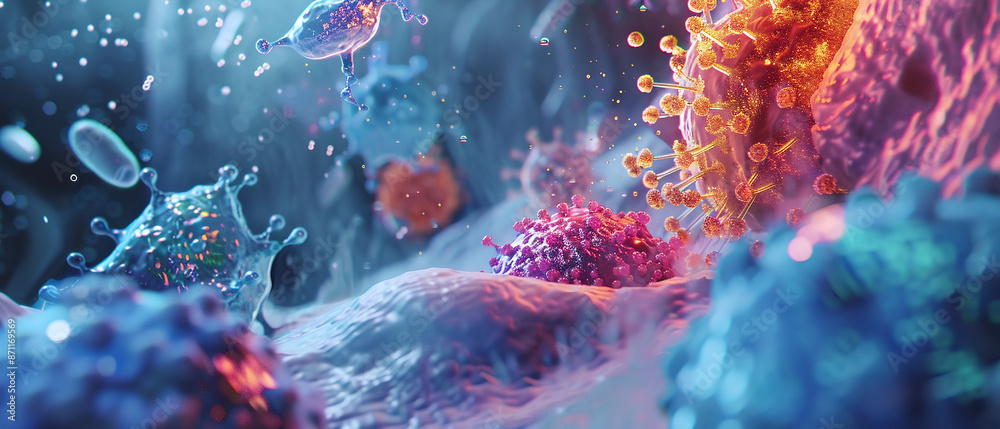 Microscopic view of colorful virus cells in a dynamic fluid environment ...