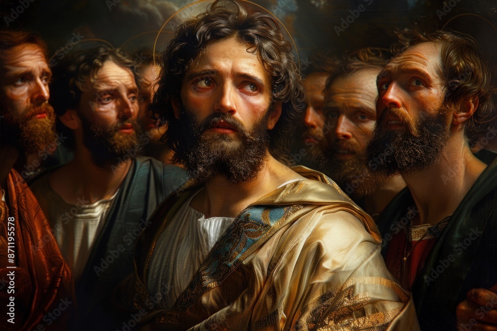 Holy tableau: a portrait of Jesus Christ and his 12 apostles, unity and ...