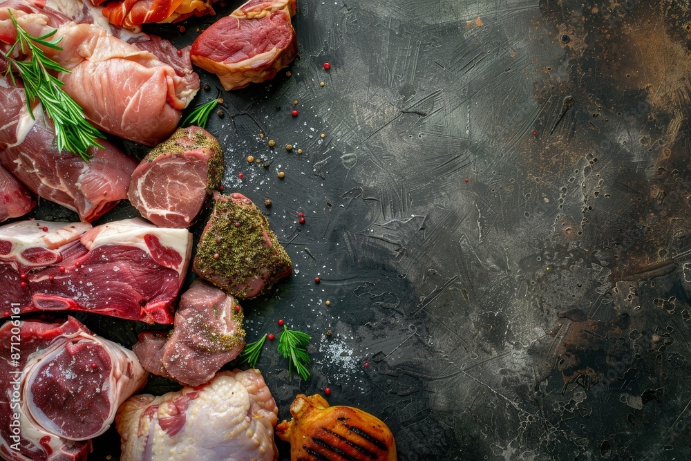 Photographing meat for catalog Various cuts of pork beef chicken With ...