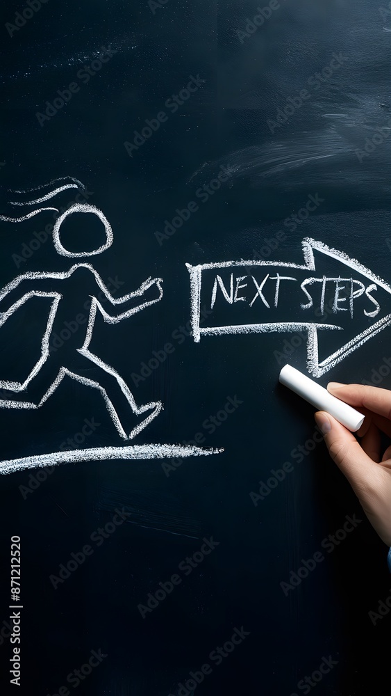 Chalkboard with stick figure and arrow labeled NEXT STEPS, motivational ...