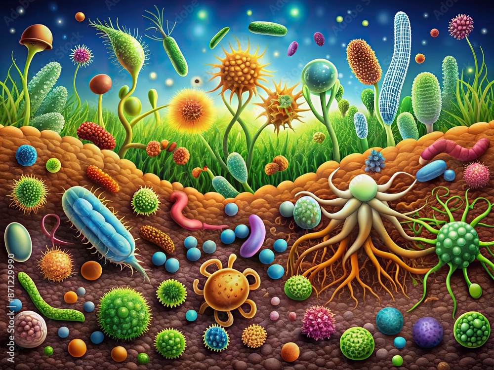 Colorful vector illustration of soil microorganisms, featuring diverse ...
