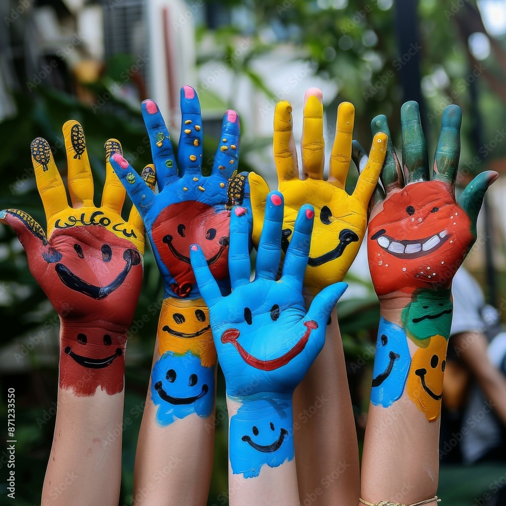 Multiple hands painted with vibrant colors and smiley faces, featuring ...