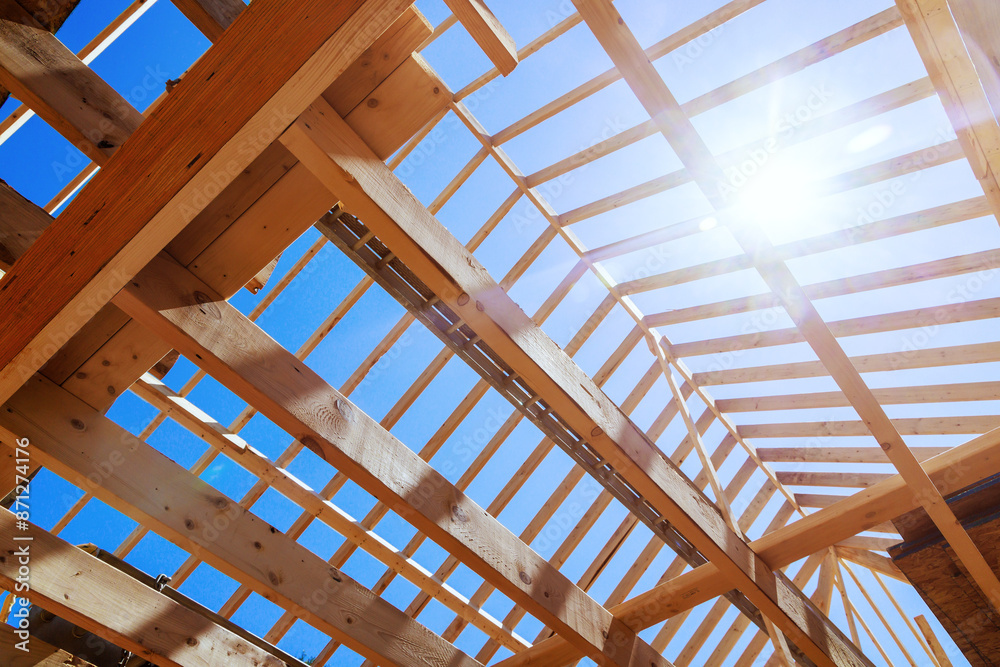 Building wooden roof beams using truss frames with beams, rafters ...