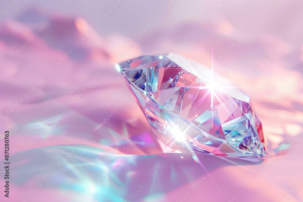 diamond with a holographic glow flying on a pastel background. A ...