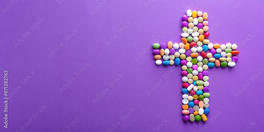 Creative modeled medication symbols with cross and pills against purple ...