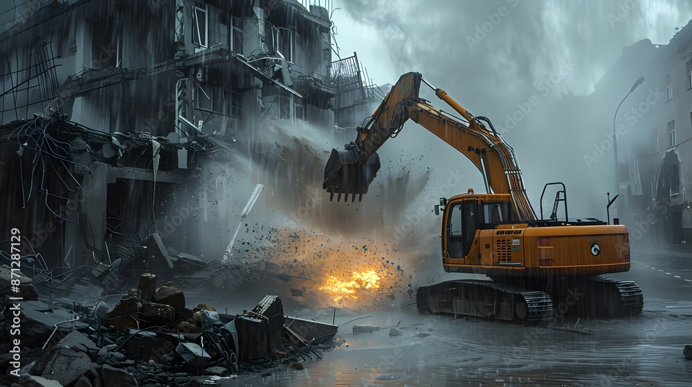 Demolition crew using excavators and wrecking balls in stormy morning ...